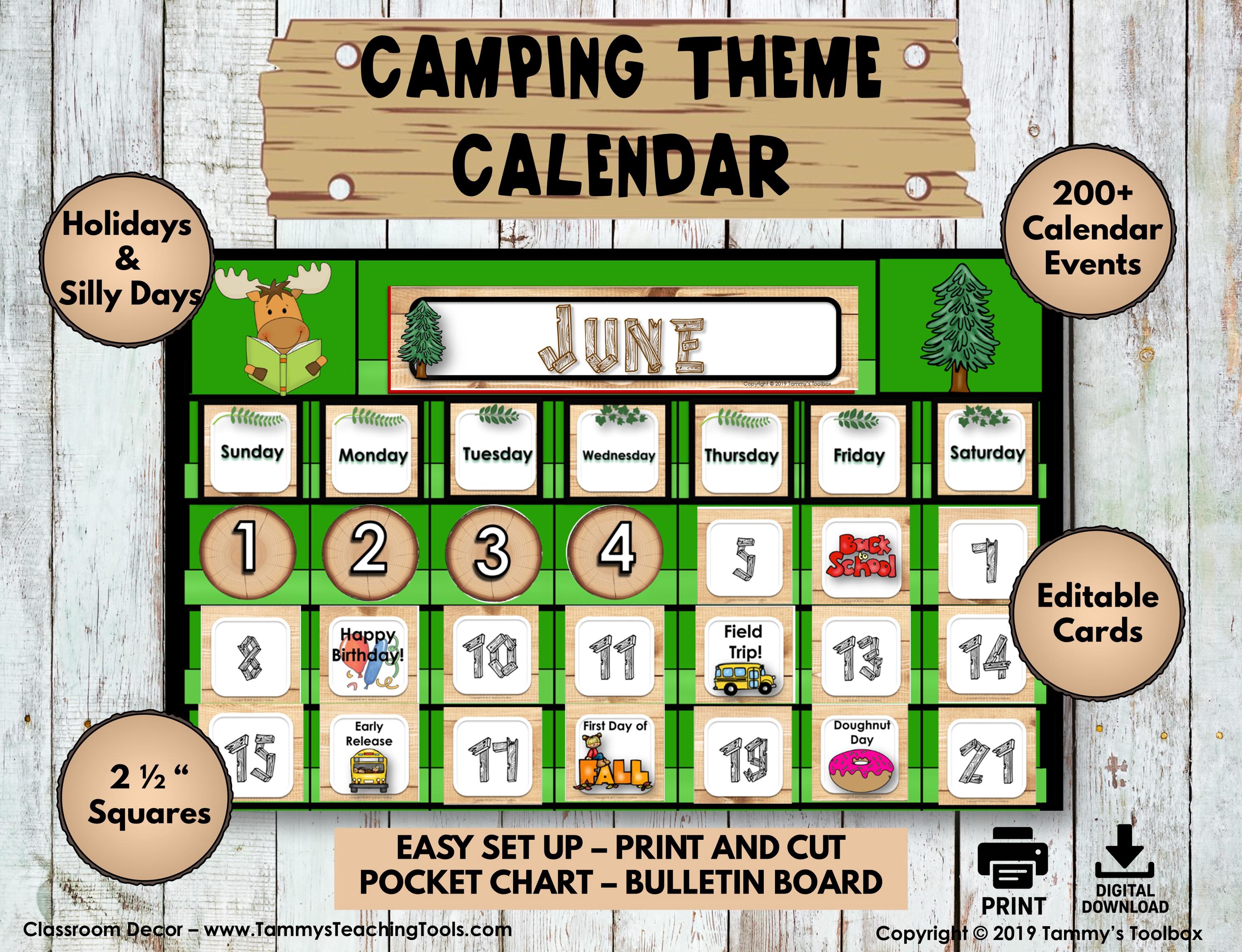 Editable Classroom Calendar in a Camping Theme, Printable Rustic ...