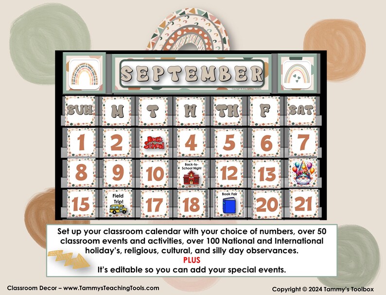 Boho Rainbow Classroom Calendar Set, Editable, Printable Bulletin Board ...