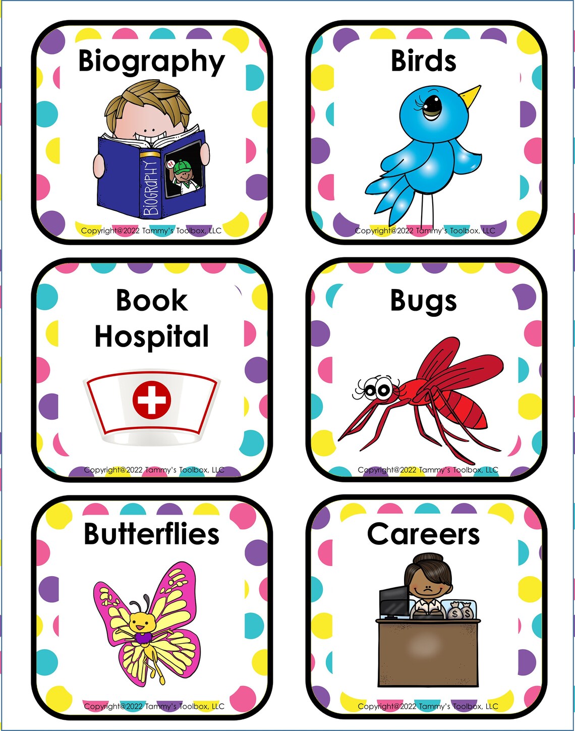 Classroom Library Book Bin Labels in Bright Polka Dots Classroom Decor ...