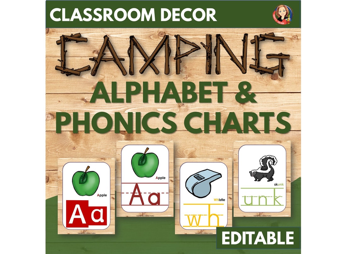 Alphabet Posters and Phonics Charts in Rustic Wood Camping Classroom ...