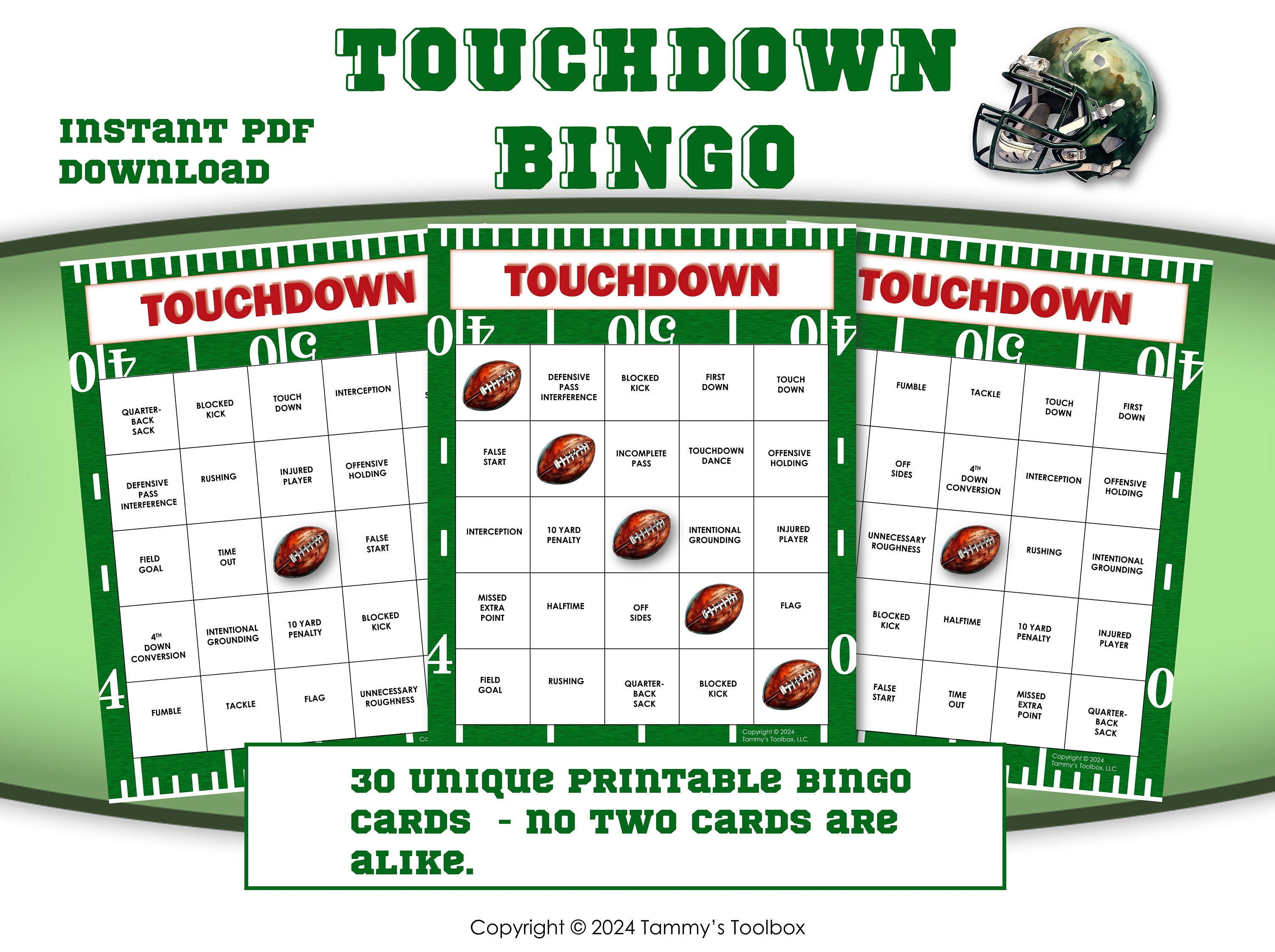 Football Bingo Game, 30 Unique Printable Football Bingo Cards, Football ...