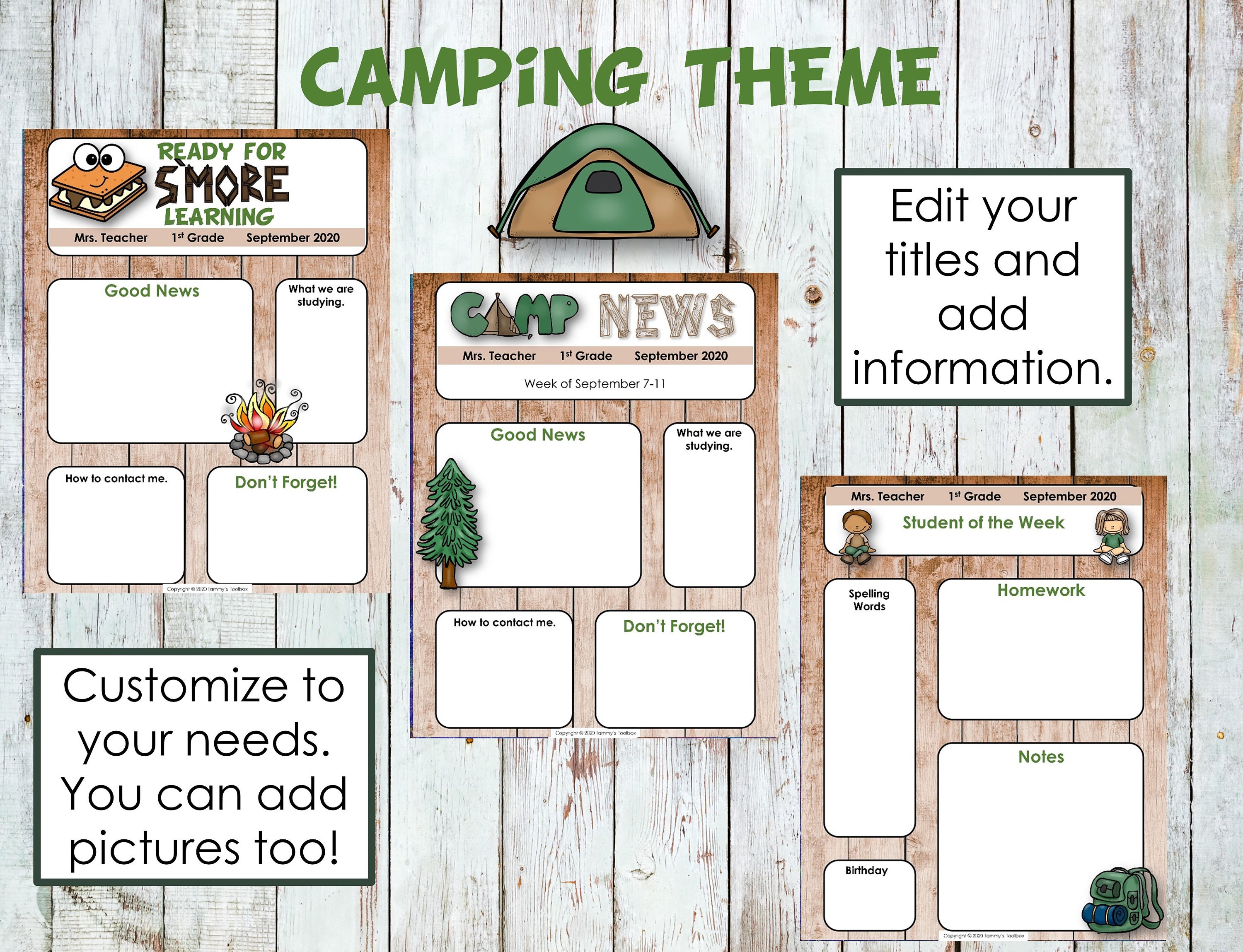 EDITABLE Camping Classroom Newsletter Templates, Rustic Classroom ...