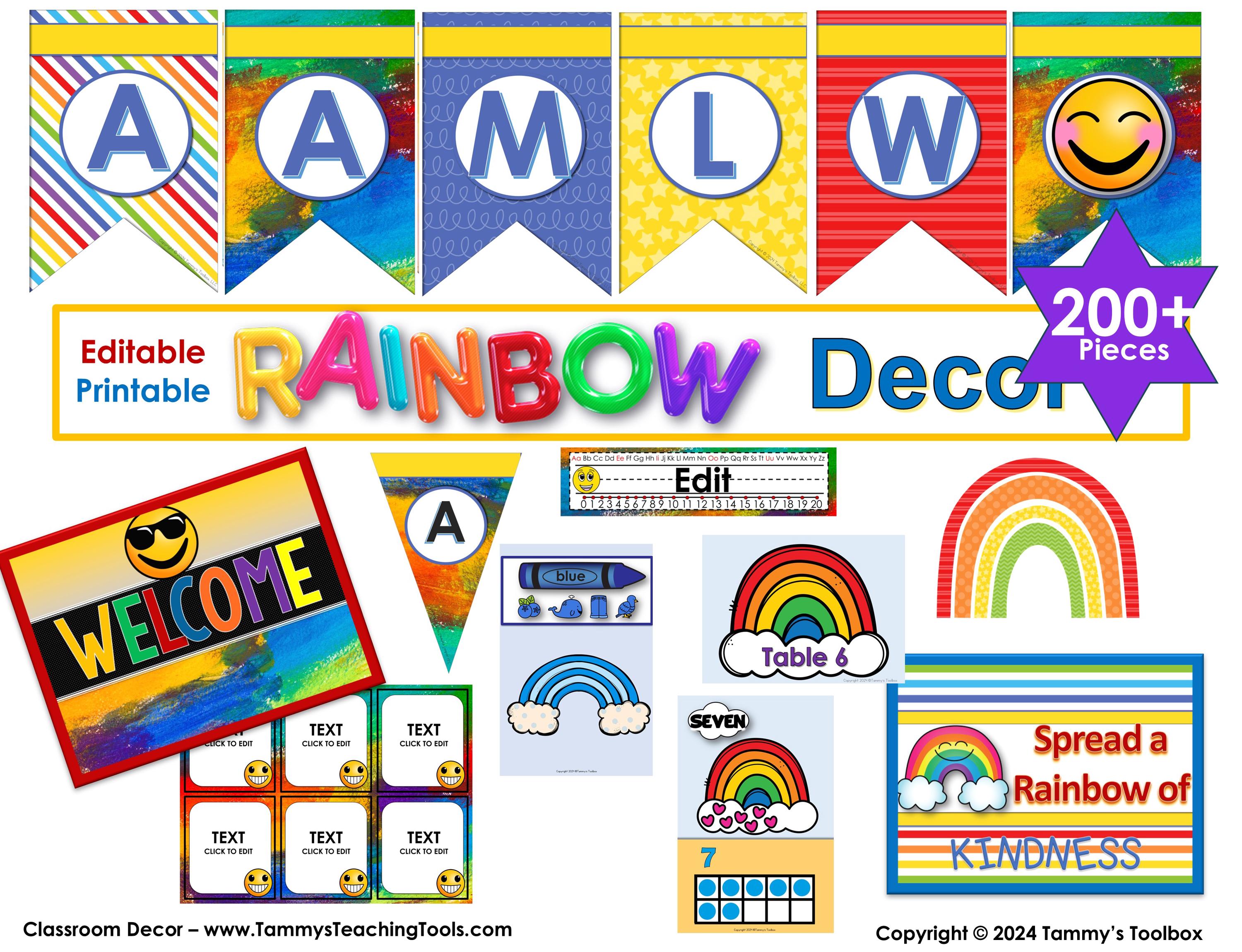 Bright Rainbow Classroom Decor, Emoji Rainbow Back to School Bulletin ...