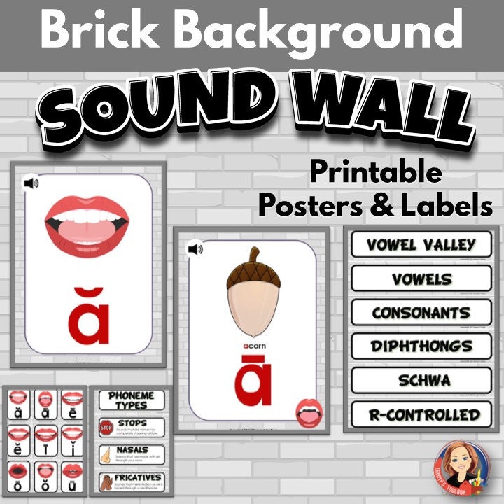 Sound Wall With Mouth Pictures Classroom Decor Kit in Brick Theme ...