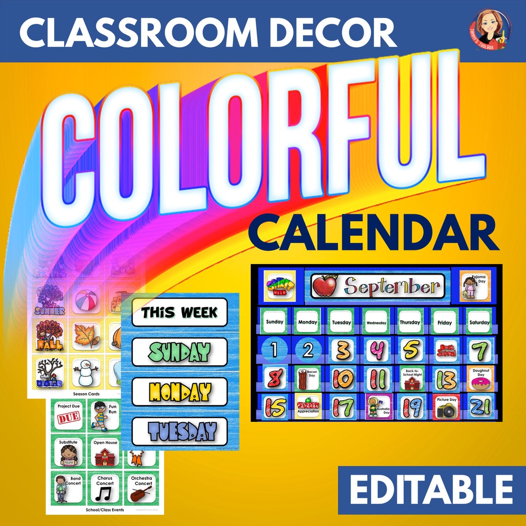 Classroom Calendar in Bright Colorful Classroom Decor Theme, Colorful ...
