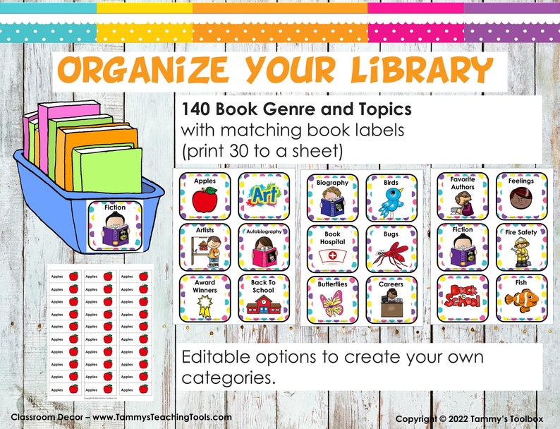 Classroom Library Book Bin Labels in Bright Polka Dots Classroom Decor ...
