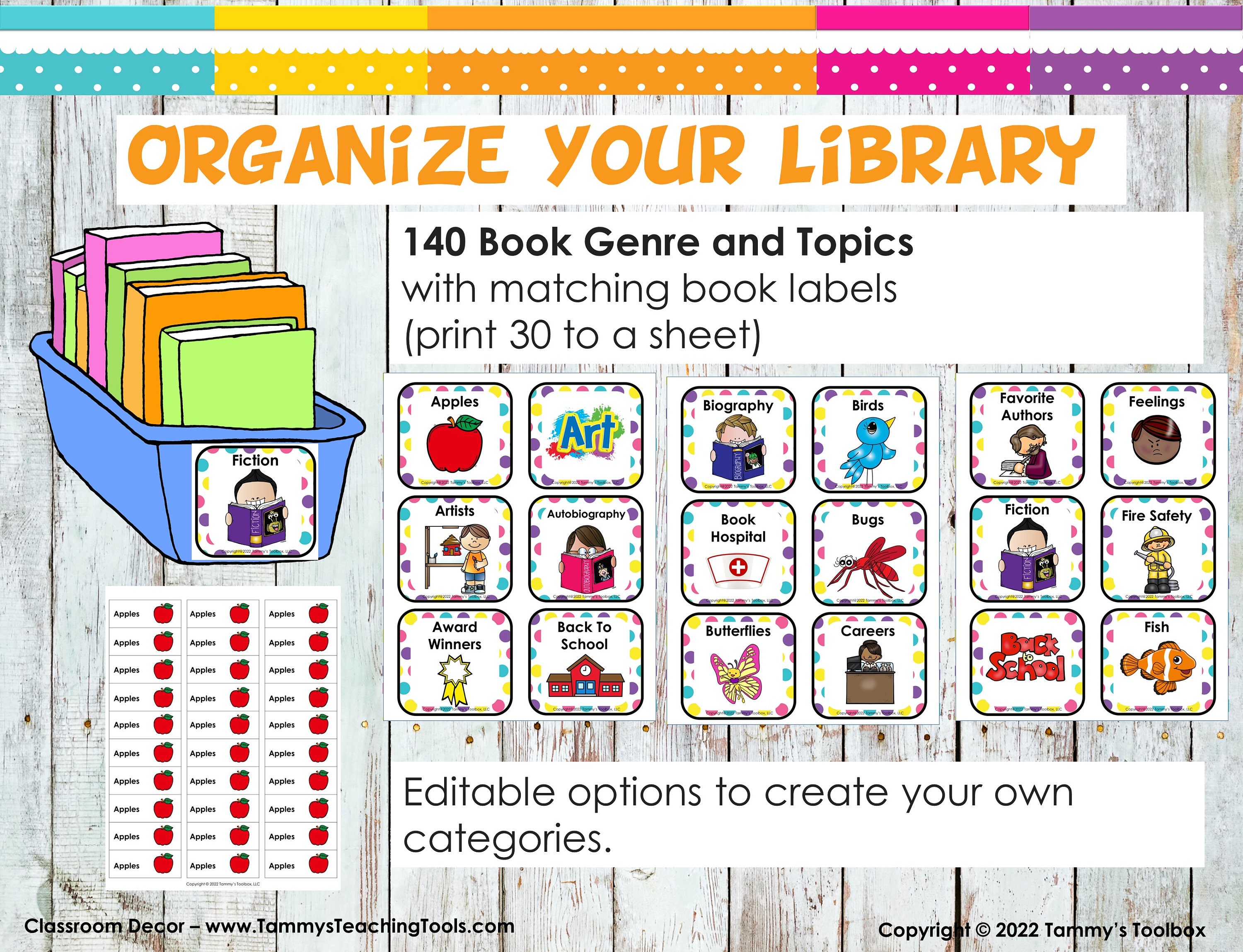 Classroom Library Book Bin Labels in Bright Polka Dots Classroom Decor ...