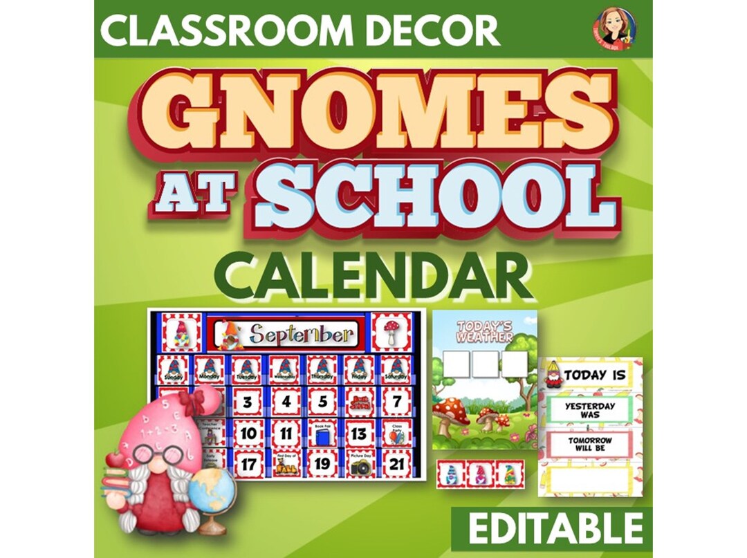 Gnome Classroom Calendar Set Editable, Gnome Back-to-school Classroom ...