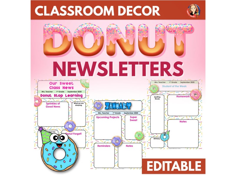 Digital and Printable Classroom Newsletter Templates in Donut Theme ...