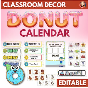 Editable Classroom Calendar in Donut Theme, Donut Classroom Decor ...