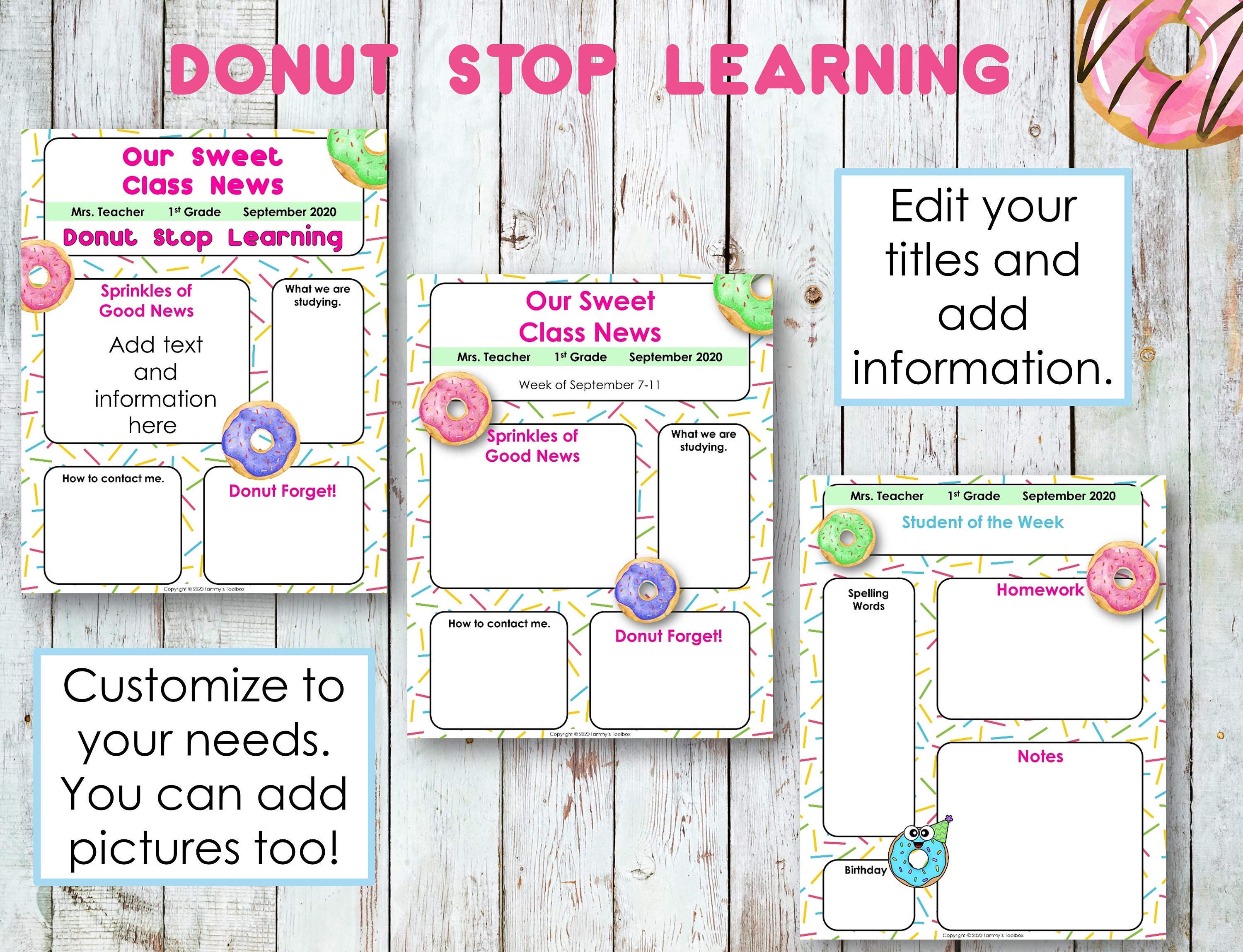 Digital and Printable Classroom Newsletter Templates in Donut Theme ...