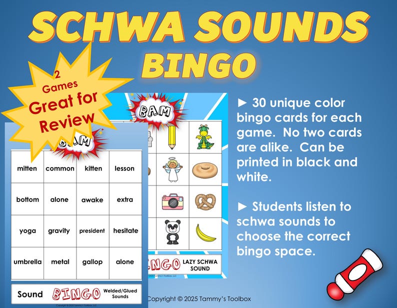 Schwa Sound Bingo Game, Phonics Vowel Sounds Activity for Grades 2-4 ...