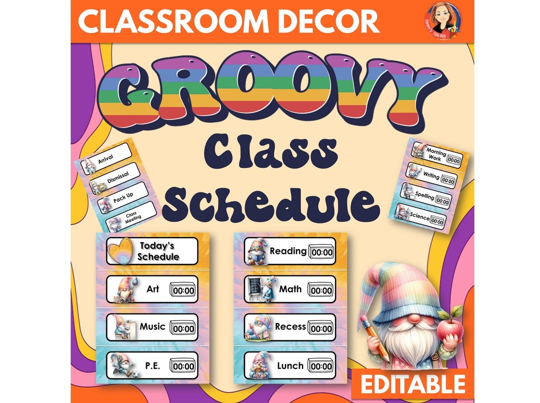 Retro Groovy Class Schedule Cards, Editable Retro Theme Classroom Decor ...