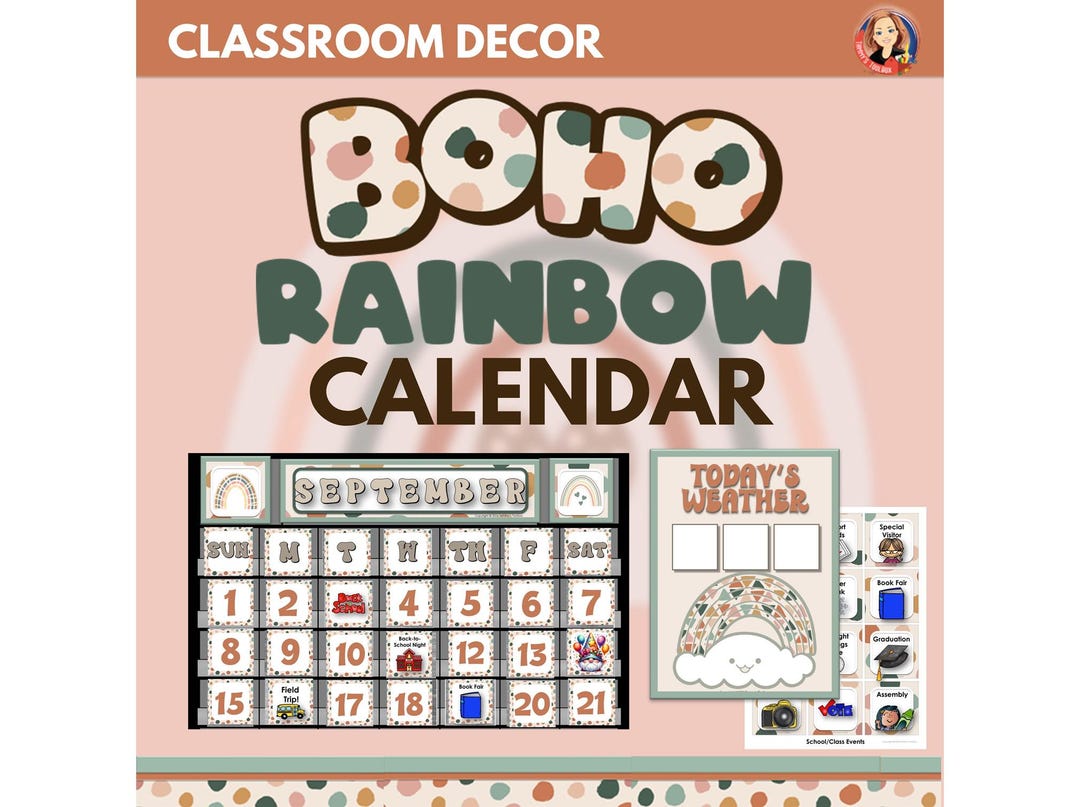 Boho Rainbow Classroom Calendar Set, Editable, Printable Bulletin Board ...