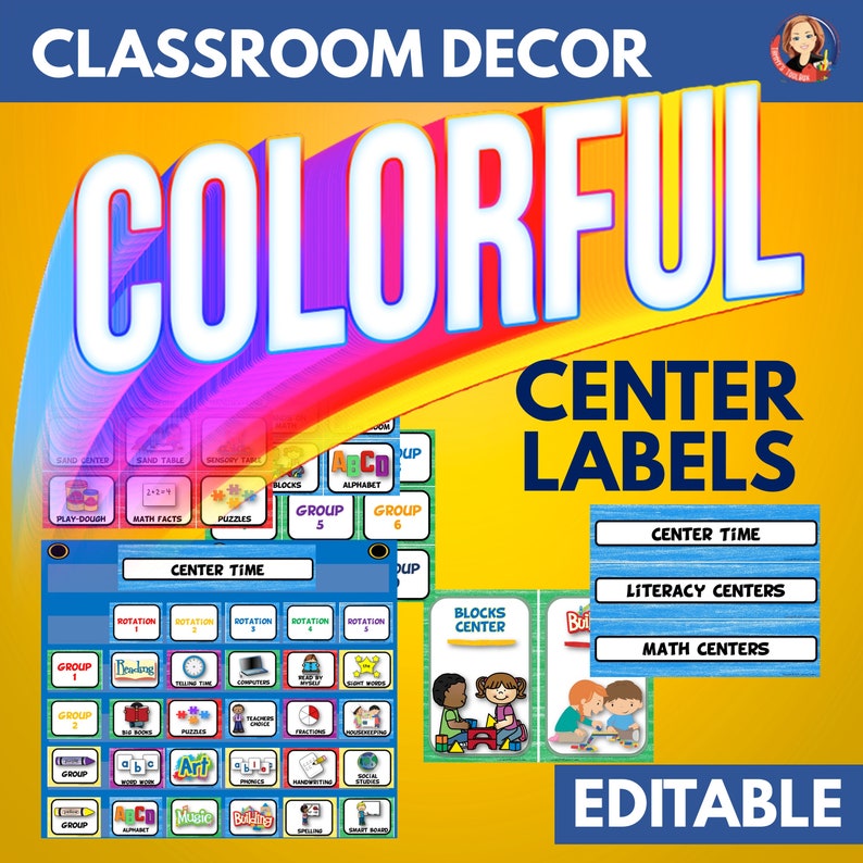 Editable Classroom Center Labels Decor in Bright Classroom Decor Theme ...