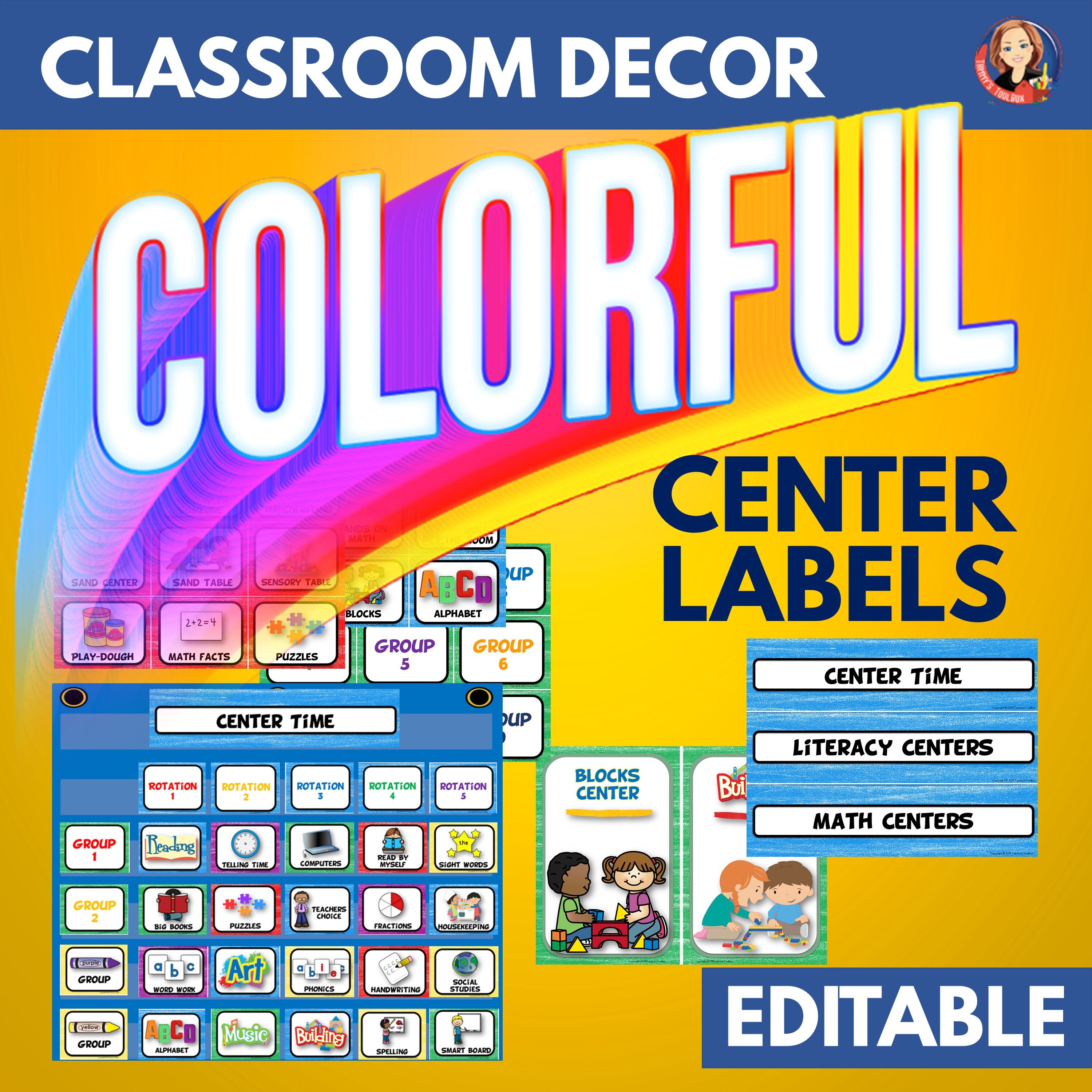 Editable Classroom Center Labels Decor in Bright Classroom Decor Theme ...