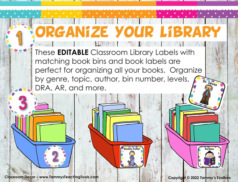 Classroom Library Book Bin Labels in Bright Polka Dots Classroom Decor ...