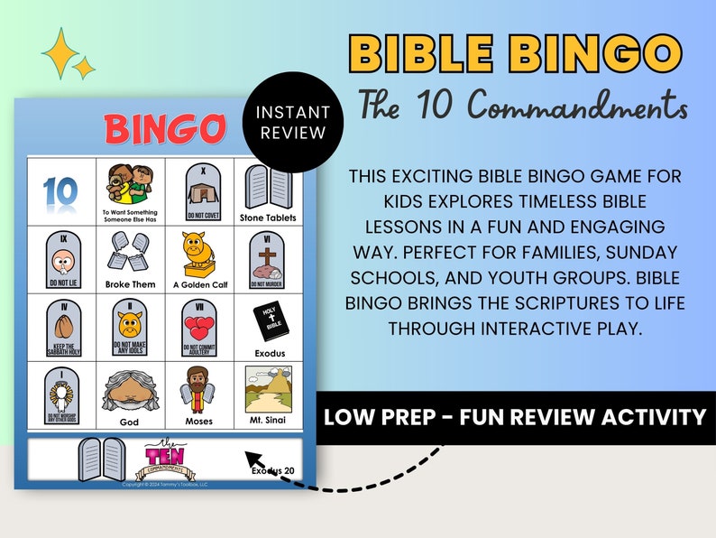 Bible Bingo, Bible Lesson Review Game for Kids, the Ten Commandments ...