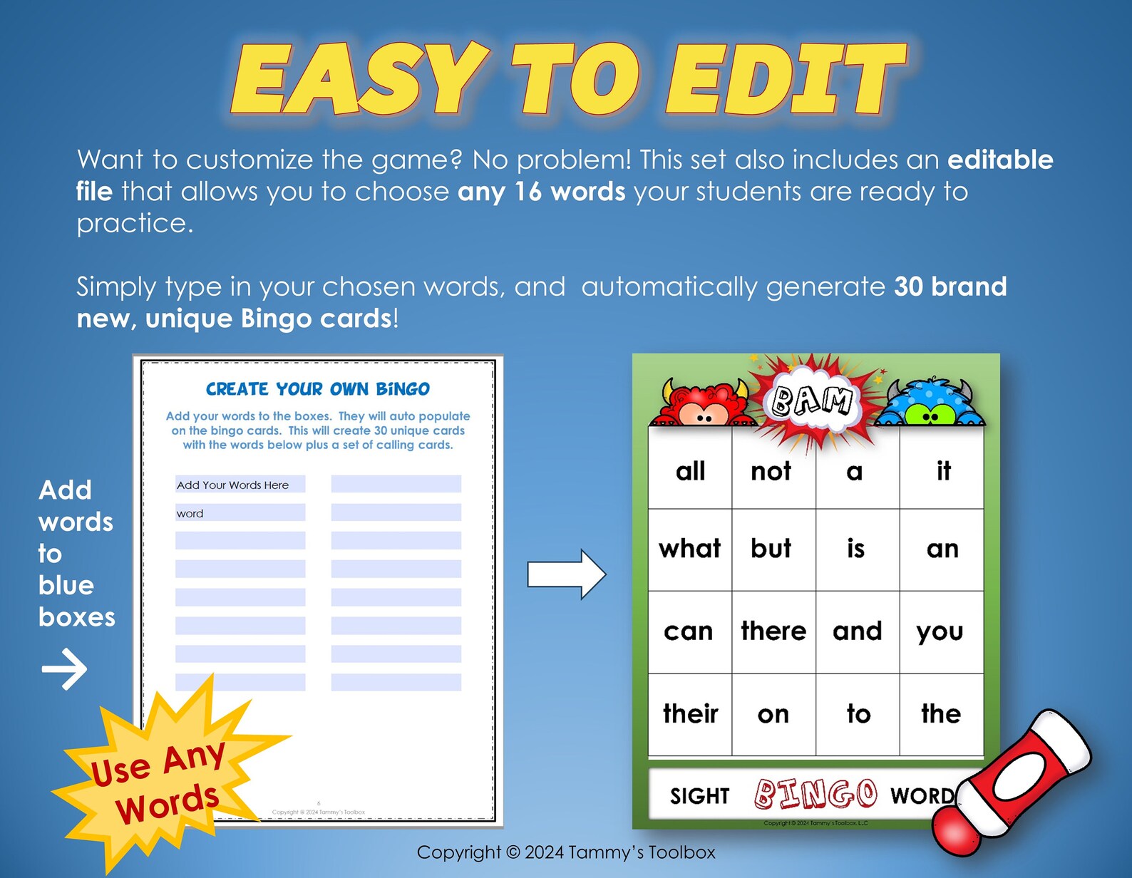 Editable Sight Word Bingo Game Set for High-frequency Words - 30 Unique ...
