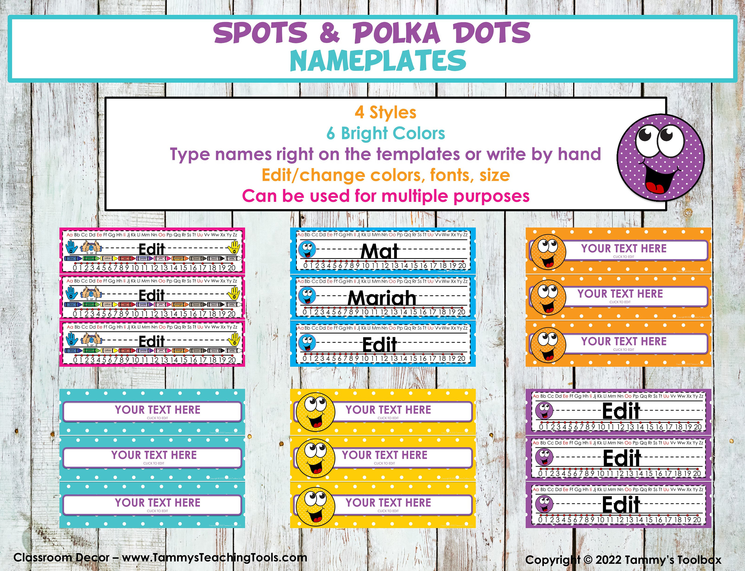 Editable Desk Nameplates Name Tags and Table Labels in Polka Dot ...