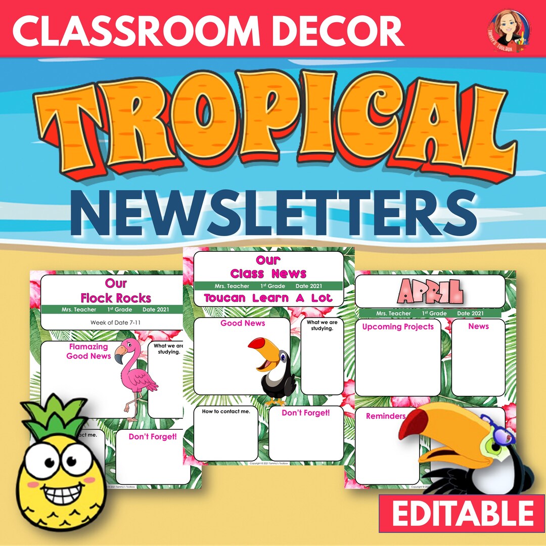 Tropical Classroom Newsletter Templates, Printable and Editable Class ...