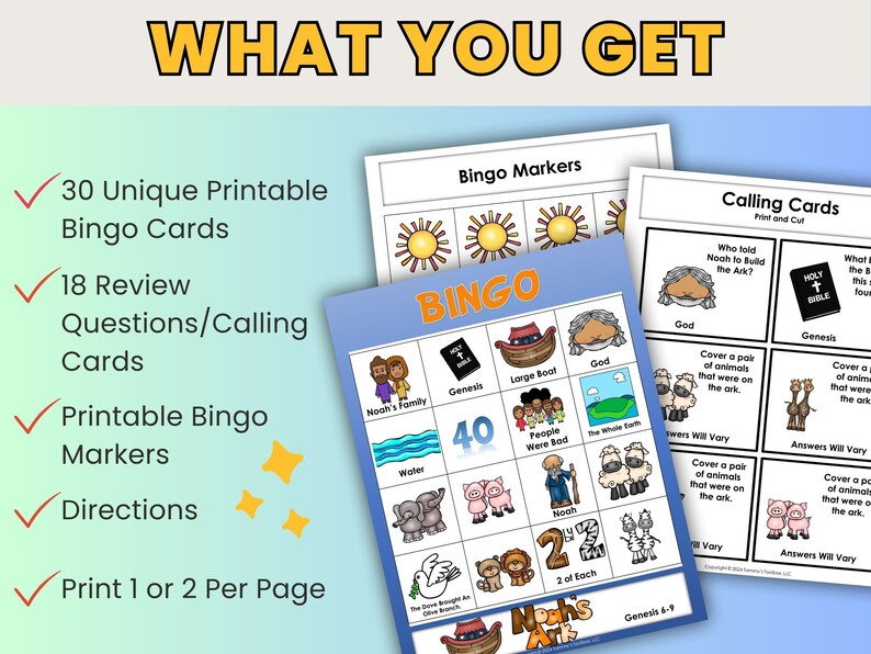 Bible Bingo, Bible Lesson Review Game for Kids, Noah and the Ark, Bible ...