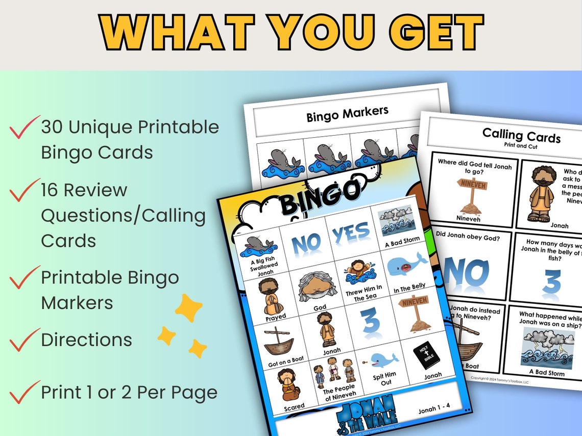 Bible Bingo, Bible Lesson Review Game for Kids, the Story of Jonah ...