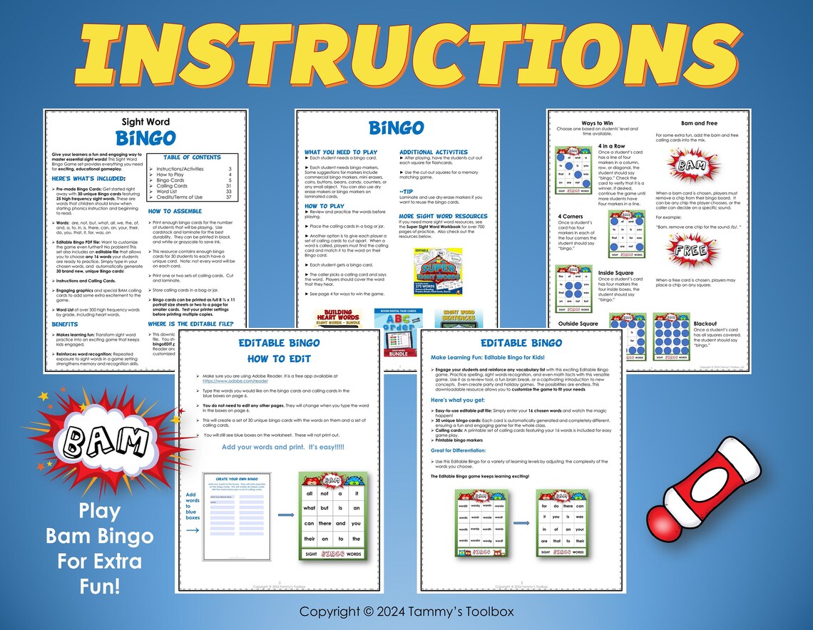 Editable Sight Word Bingo Game Set for High-frequency Words - 30 Unique ...