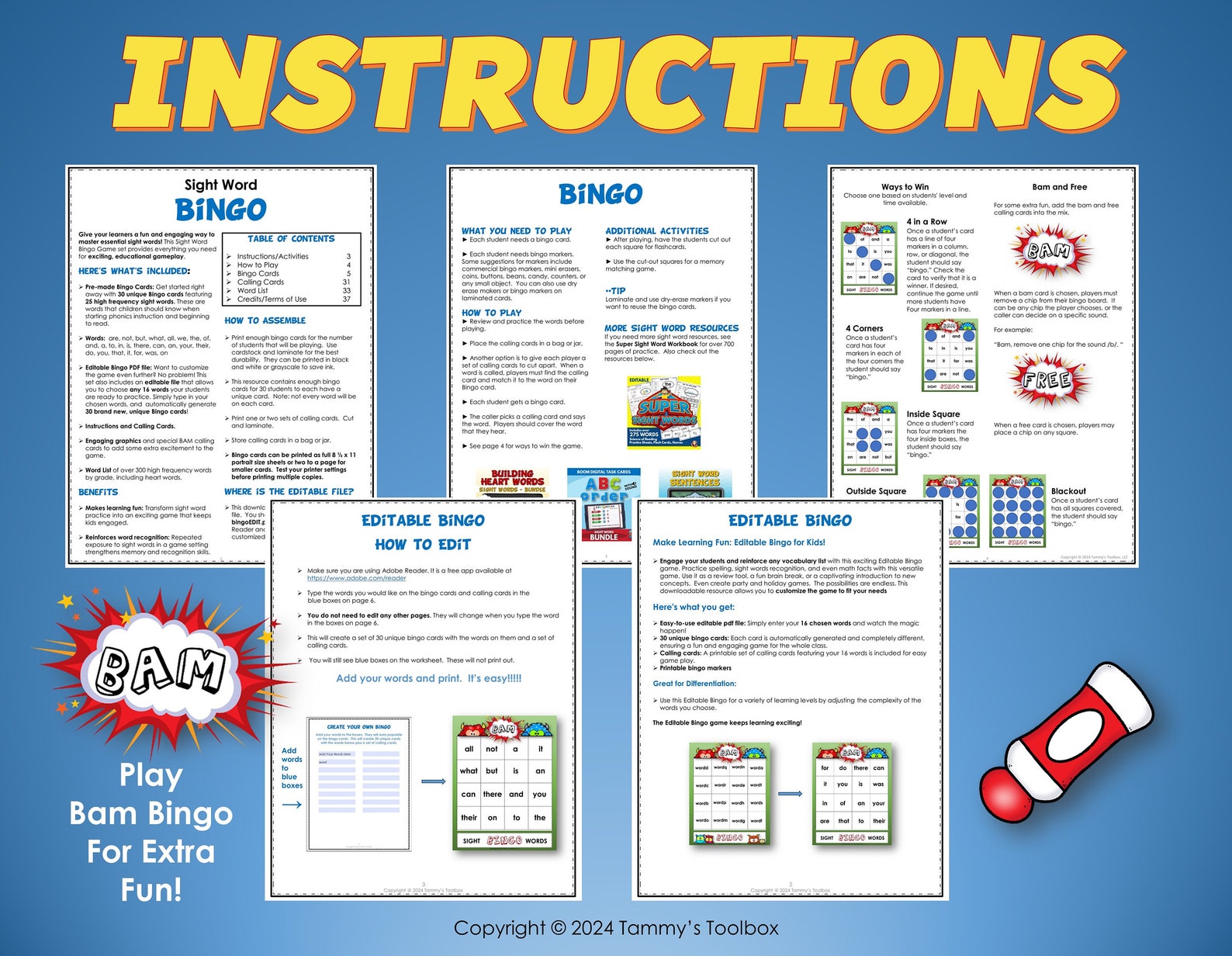 Editable Sight Word Bingo Game Set for High-frequency Words - 30 Unique ...