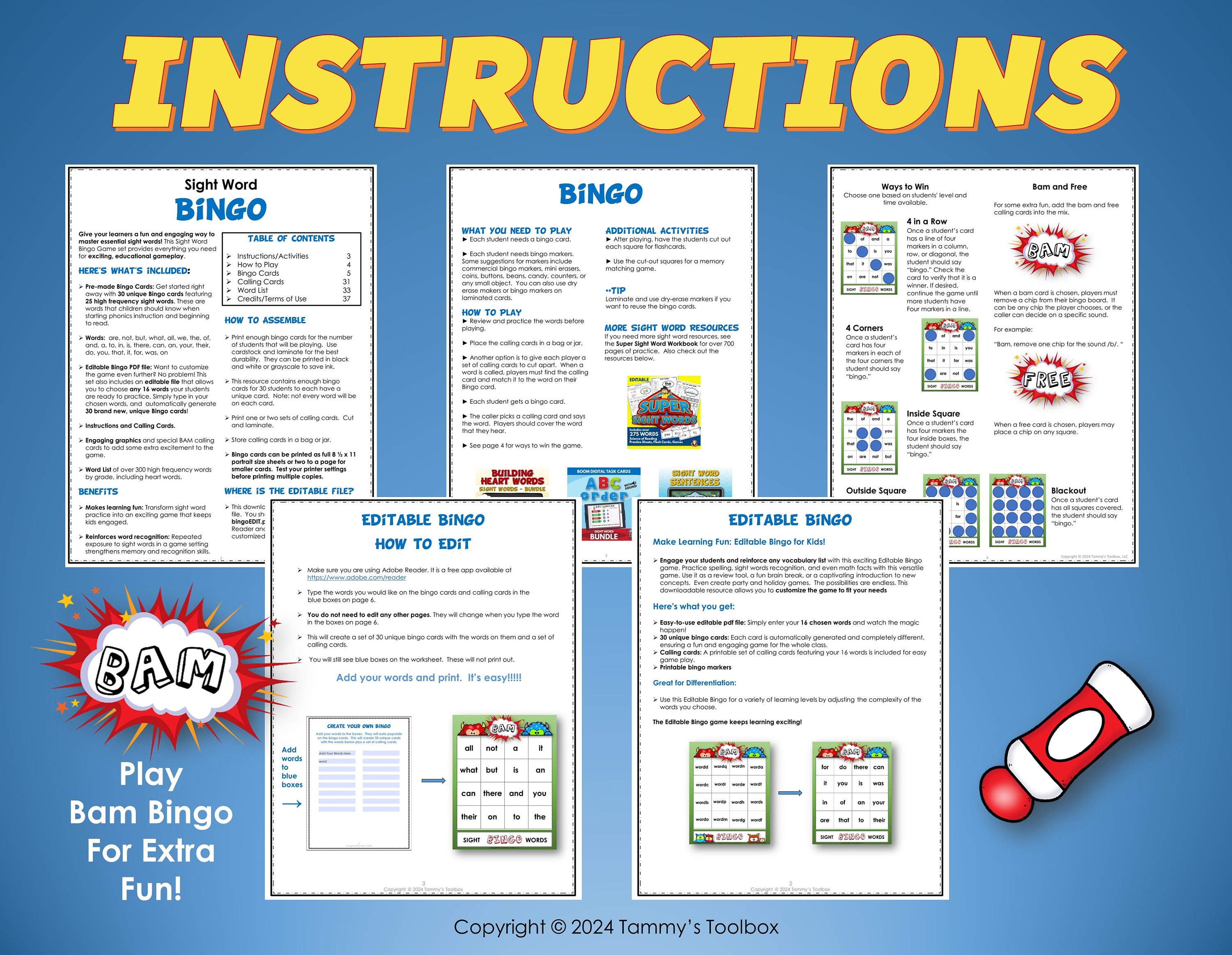 Editable Sight Word Bingo Game Set for High-frequency Words - 30 Unique ...