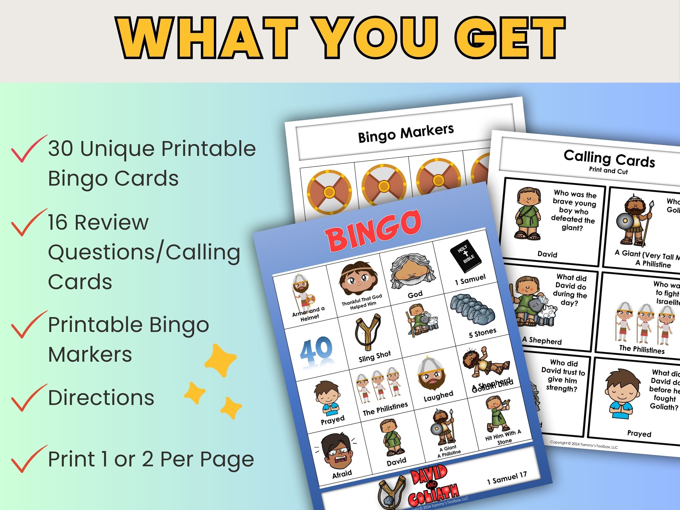 Bible Bingo, Bible Lesson Review Game for Kids, David and Goliath ...