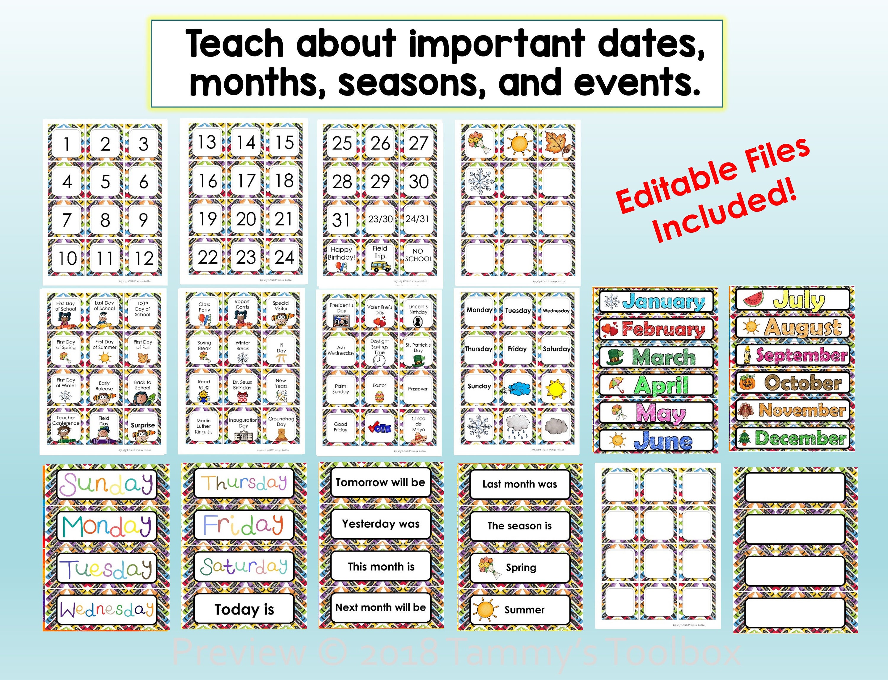 Editable Classroom Calendar in Crayon Theme, Crayon Classroom Decor ...
