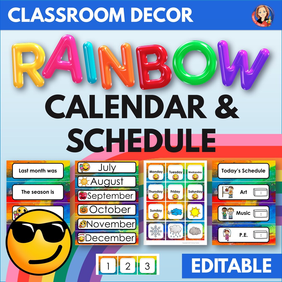 Rainbow Emoji Theme Classroom Calendar and Schedule Editable Calendar ...