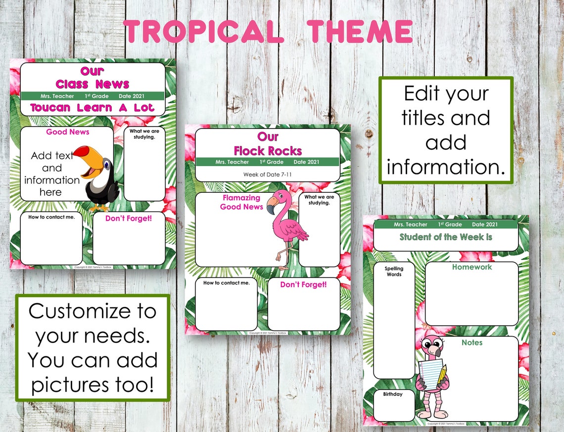 Tropical Classroom Newsletter Templates, Printable and Editable Class ...