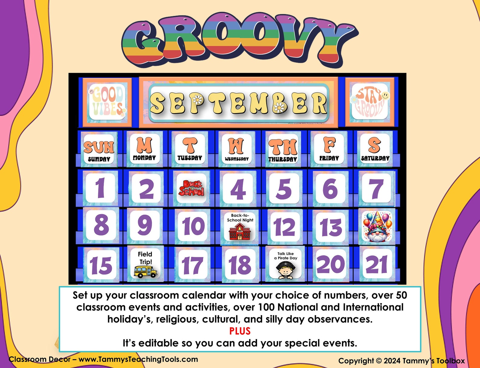 Groovy Retro Gnome Classroom Calendar Set, Editable, Printable Bulletin ...