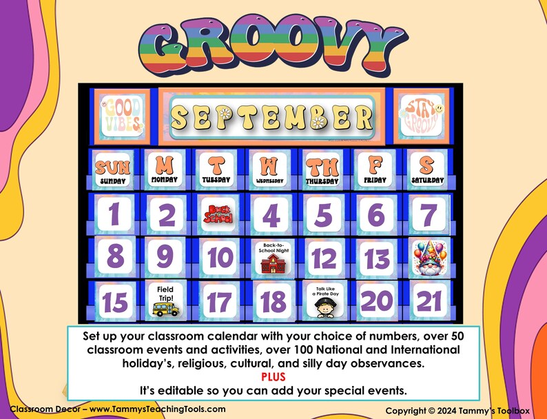 Groovy Retro Gnome Classroom Calendar Set, Editable, Printable Bulletin ...