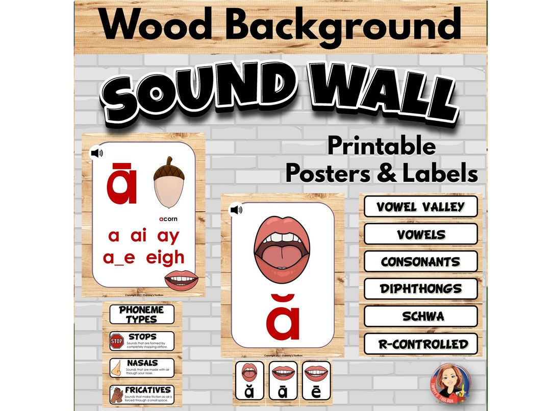 Sound Wall With Mouth Pictures Classroom Decor Kit in Rustic Wood ...
