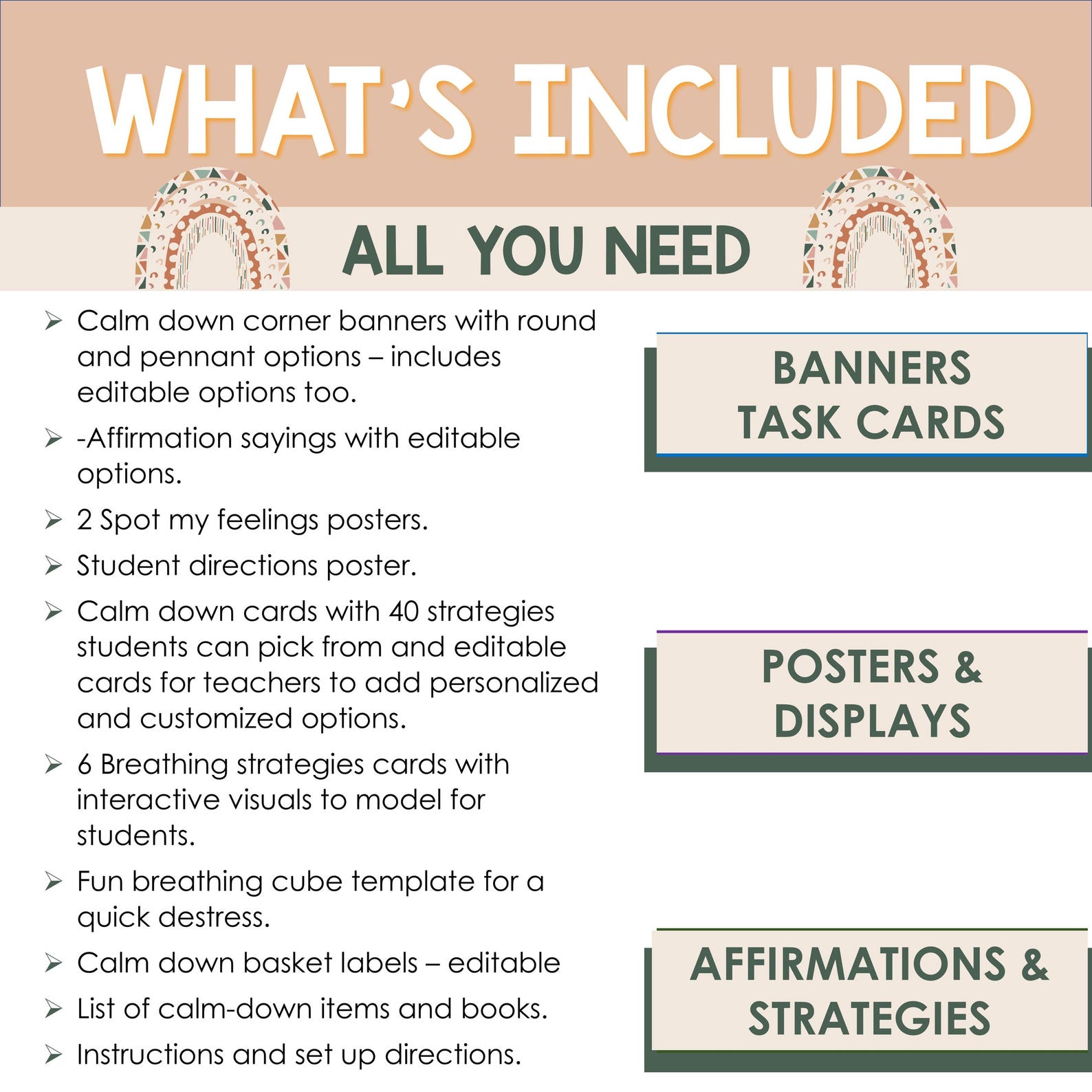 Boho Rainbow Calming Corner Kit With Strategies, Feelings Posters, and ...