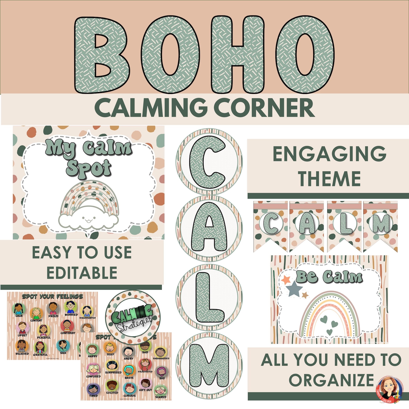 Boho Rainbow Calming Corner Kit With Strategies, Feelings Posters, and ...