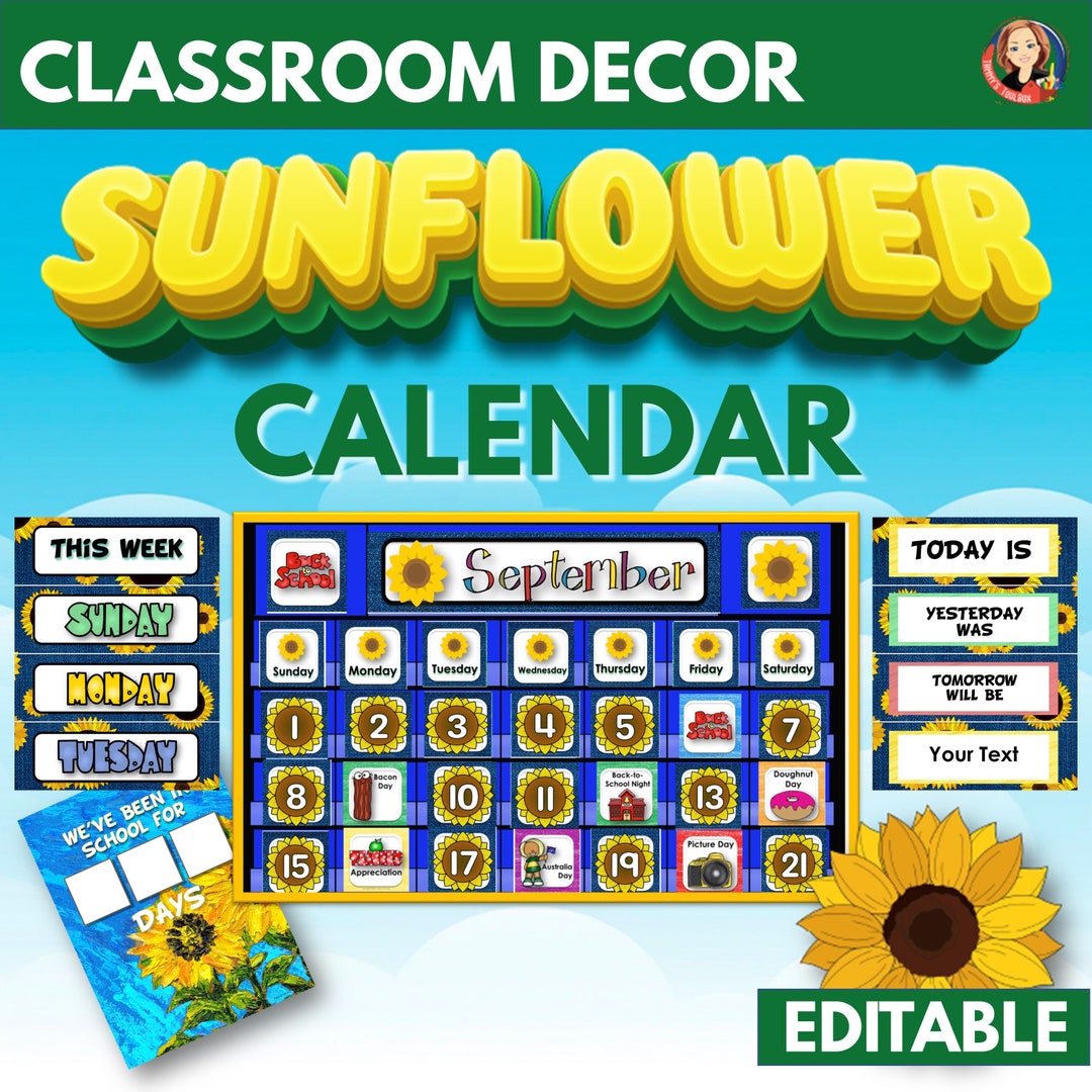 Sunflower Classroom Calendar Decor Set Editable, Sunflower Bulletin ...