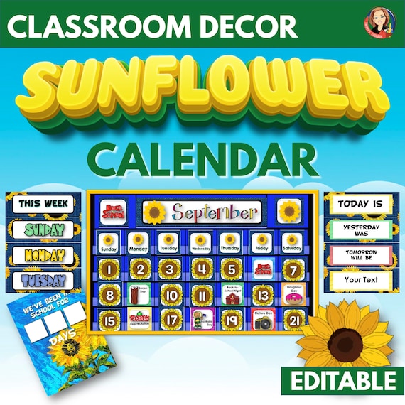Sunflower Classroom Calendar Decor Set Editable - Etsy