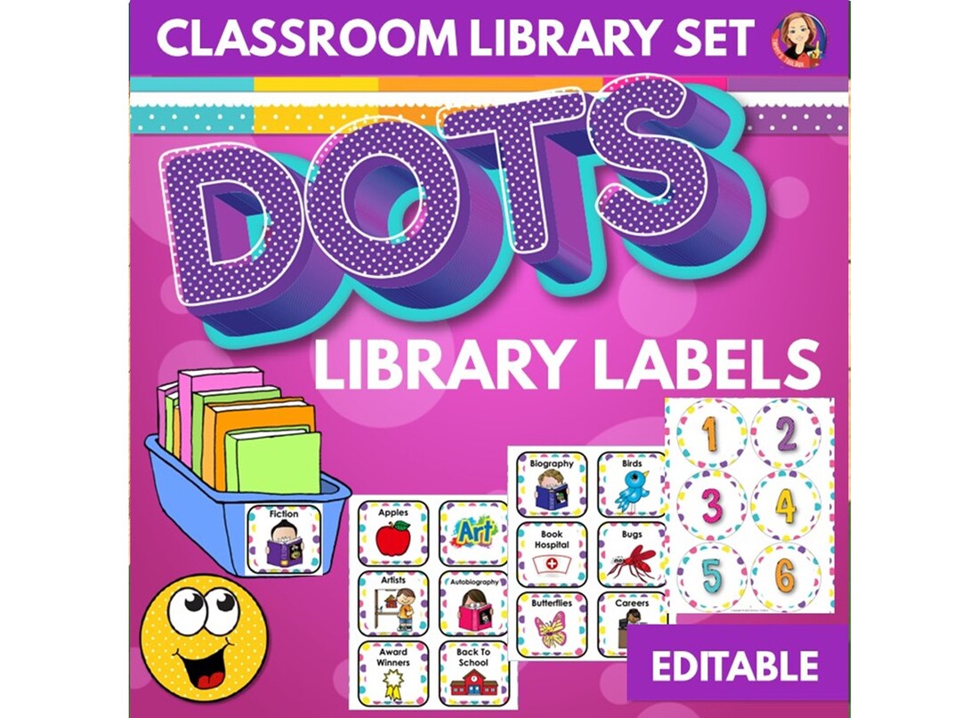 Classroom Library Book Bin Labels in Bright Polka Dots Classroom Decor ...