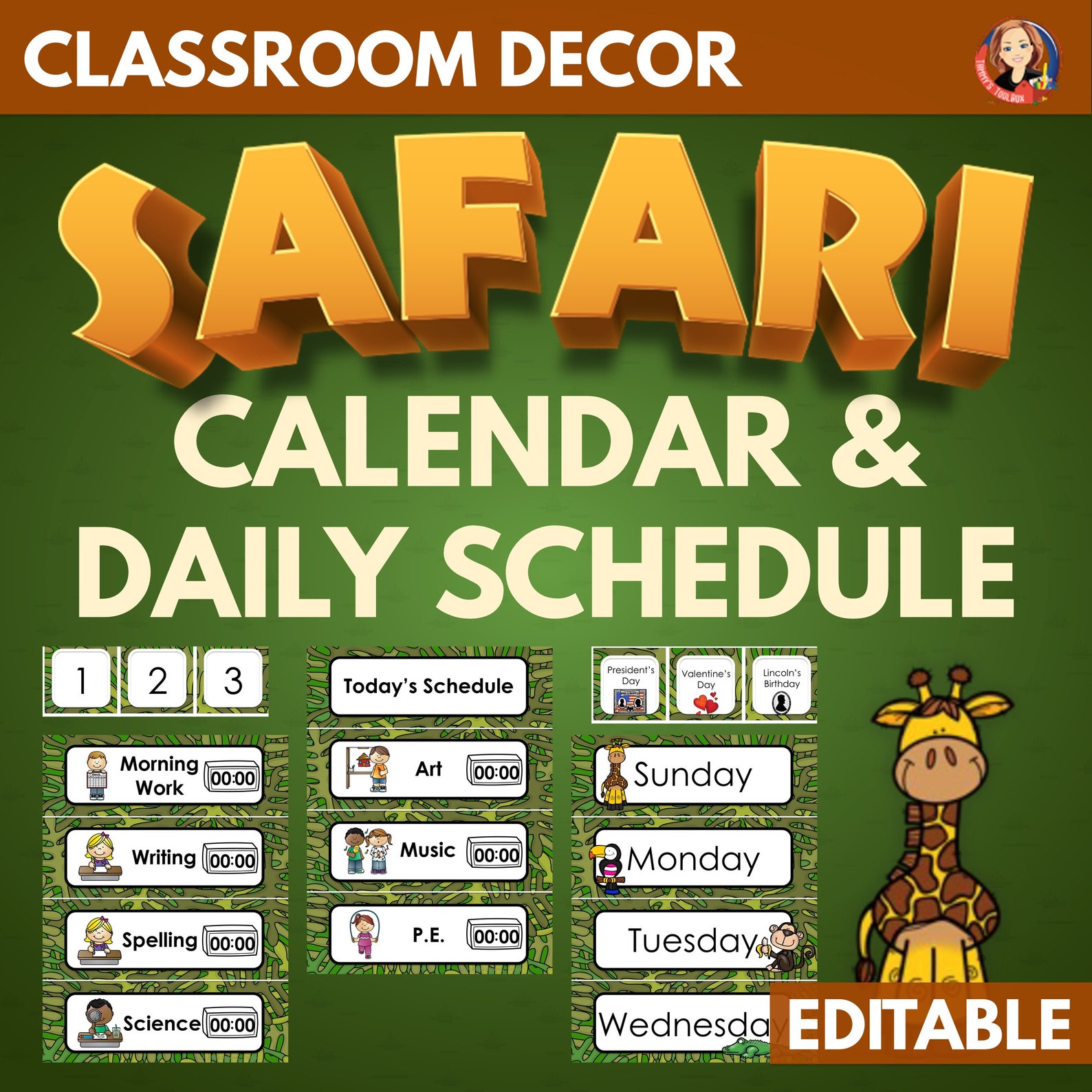 Jungle Safari Decor Calendar and Class Schedule Editable, Safari ...