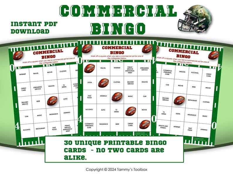 The Super Football Bingo Game, Commercials Bingo, 30 Printable Bingo ...