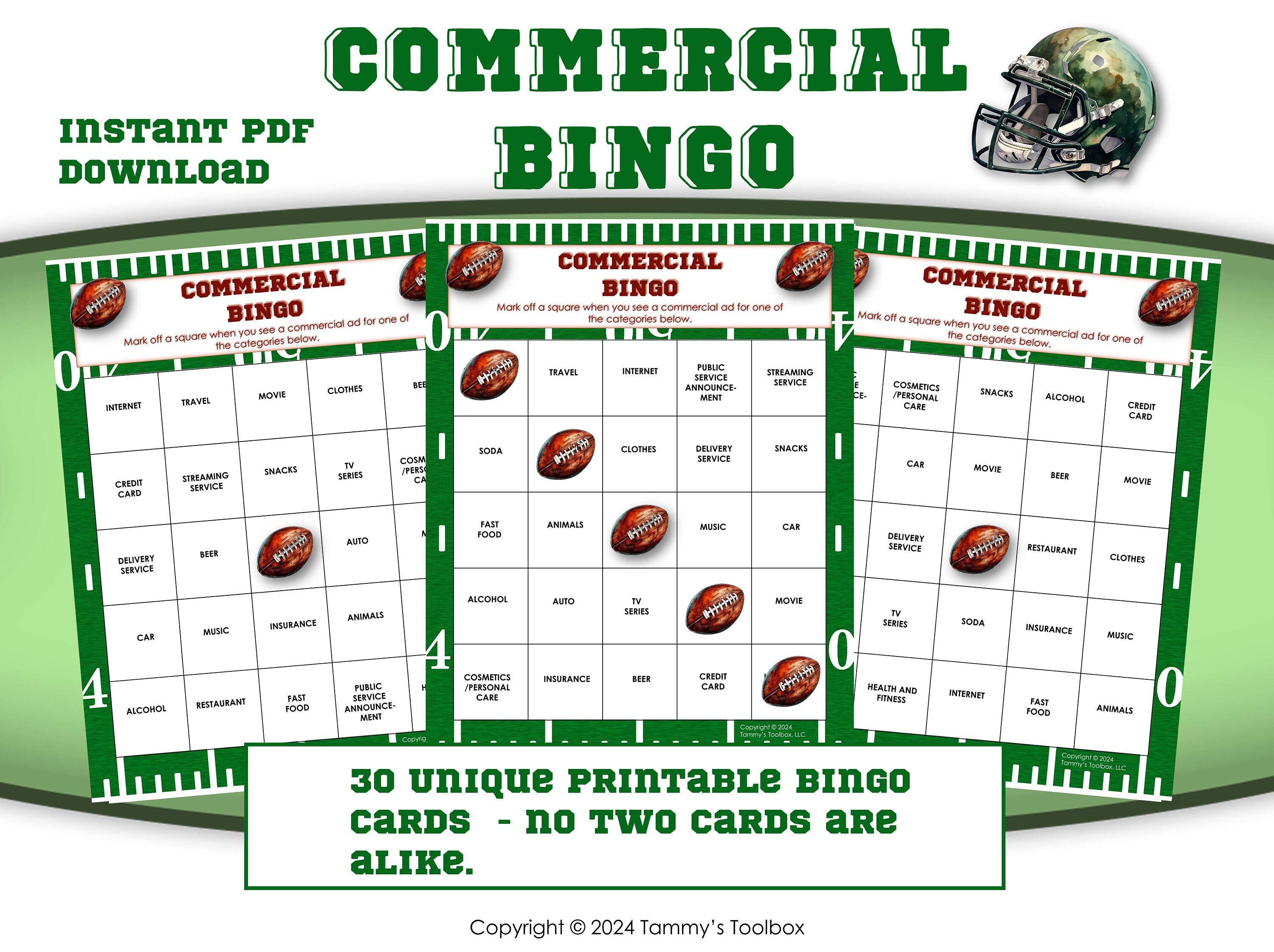 The Super Football Bingo Game, Commercials Bingo, 30 Printable Bingo ...
