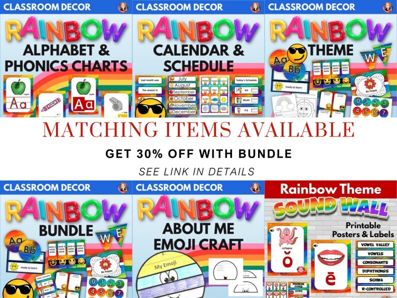 Bright Rainbow Classroom Decor, Emoji Rainbow Back to School Bulletin ...