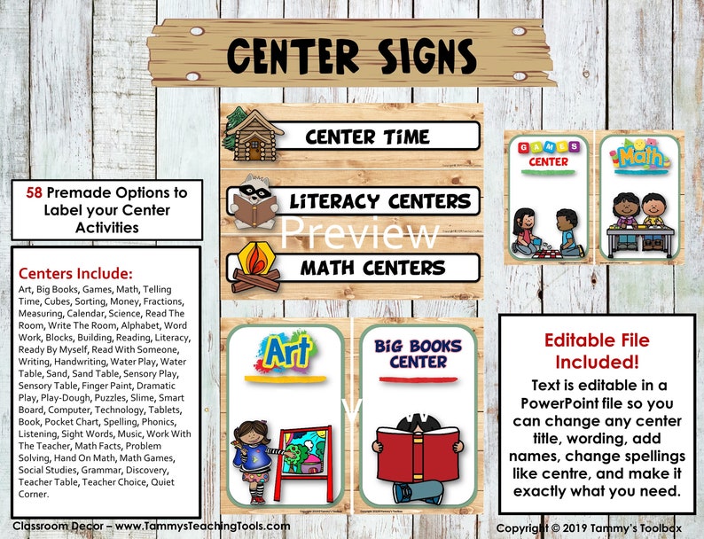 Rustic Camping Classroom Center Posters, Editable Labels, Printable ...