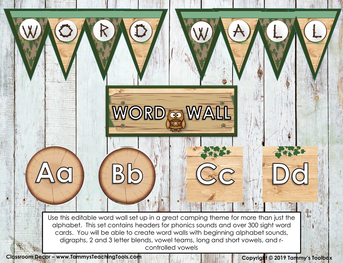 Sight Word Wall and Phonics Word Wall in Rustic Wood Camping Theme ...