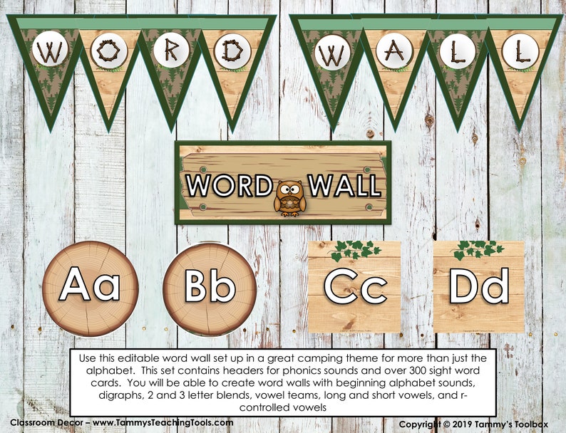 Sight Word Wall and Phonics Word Wall in Rustic Wood Camping Theme ...
