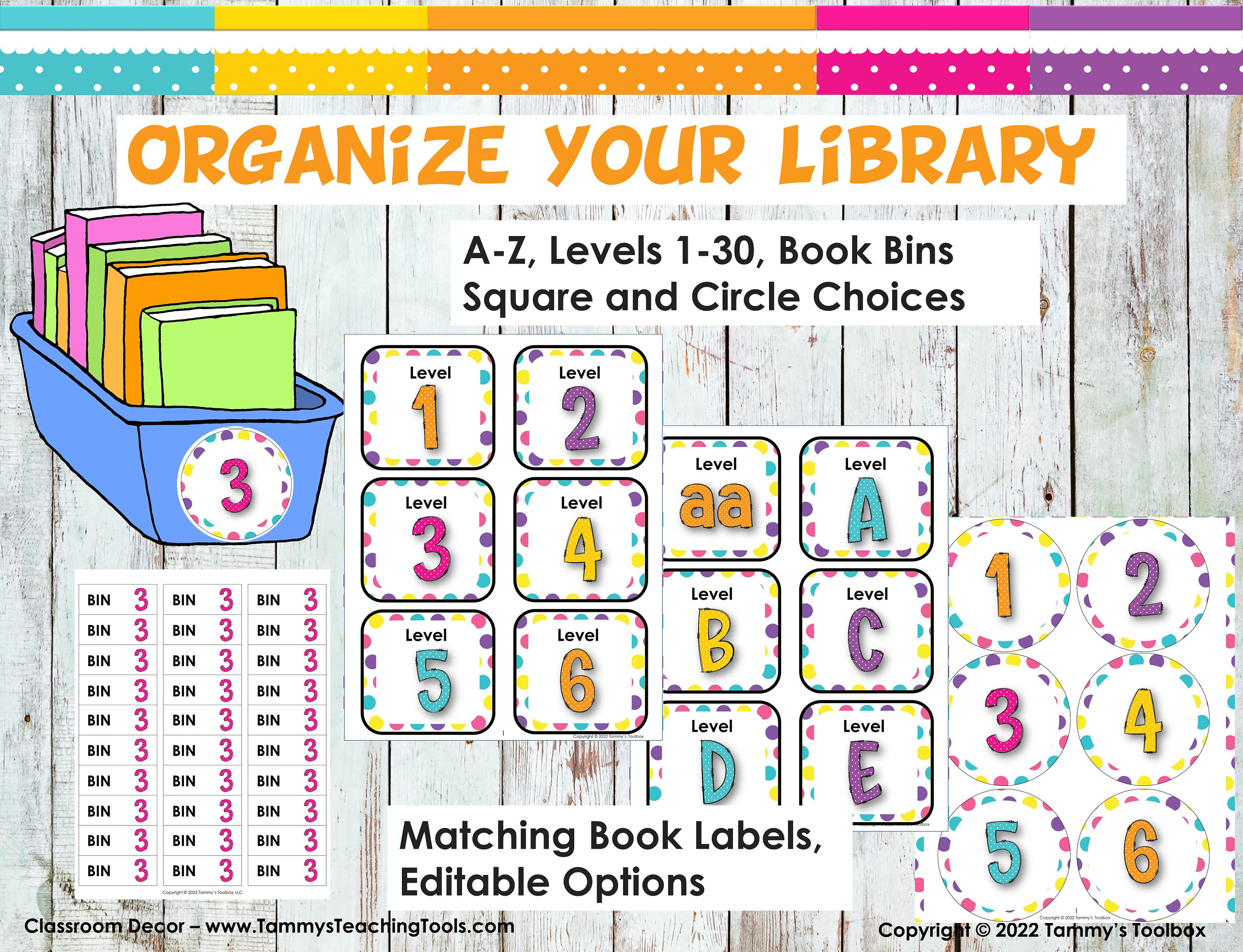 Classroom Library Book Bin Labels in Bright Polka Dots Classroom Decor ...